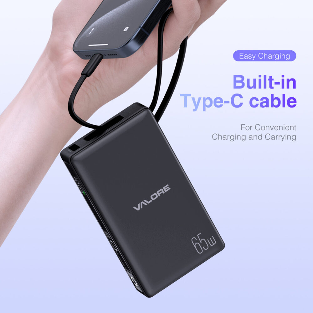 Valore PD65W 20000mAh Power Bank with Built-in Type-C Cable - Valore Global