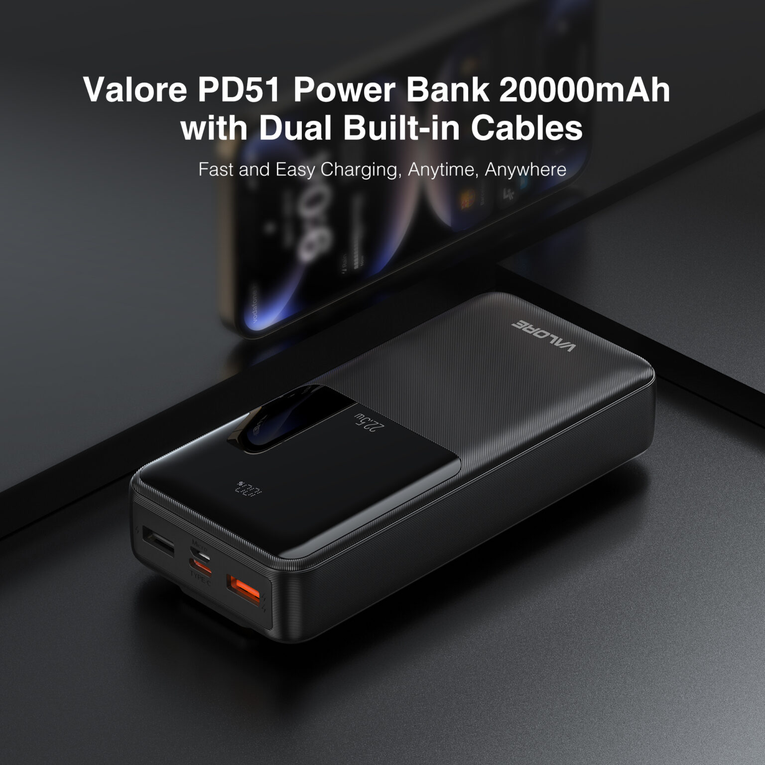Valore PD20W 20000mAh Power Bank with Dual Built-in Cables - Valore Global